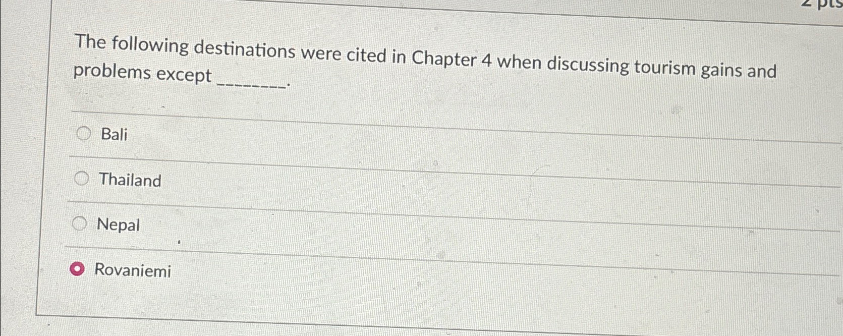 Solved The following destinations were cited in Chapter 4 | Chegg.com