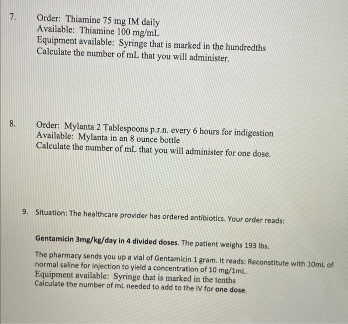 Solved Order: Thiamine 75mg IM daily Available: Thiamine | Chegg.com