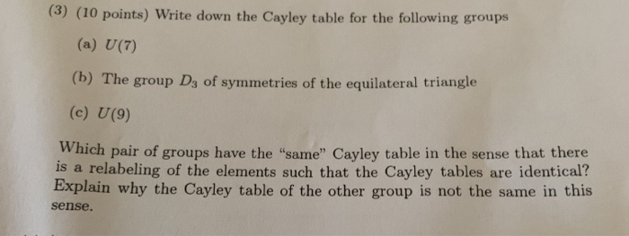 Solved (3) (10 points) Write down the Cayley table for the | Chegg.com