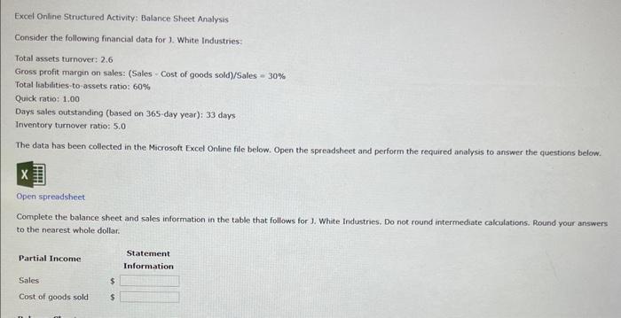 Solved Excel Online Structured Activity Balance Sheet Chegg