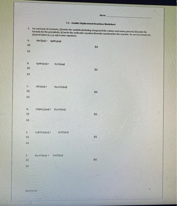 Solved Na 73 - Double Displacement Reactions Worksheet 1. | Chegg.com