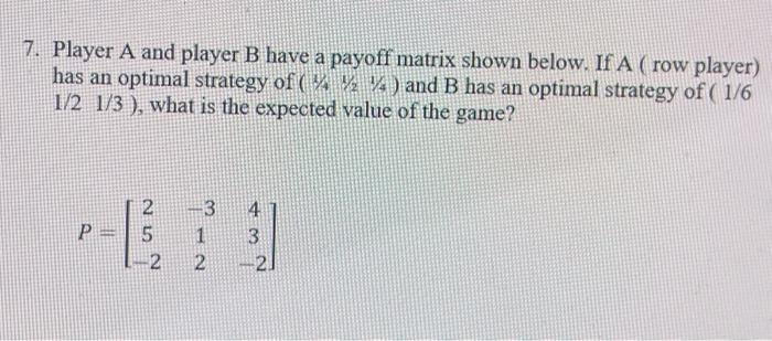 Solved 7. Player A and player B have a payoff matrix shown | Chegg.com
