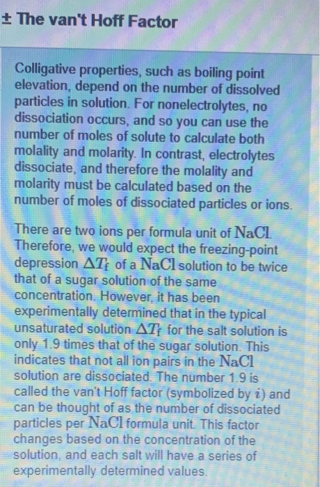 Solved + The van't Hoff Factor Colligative properties, such | Chegg.com
