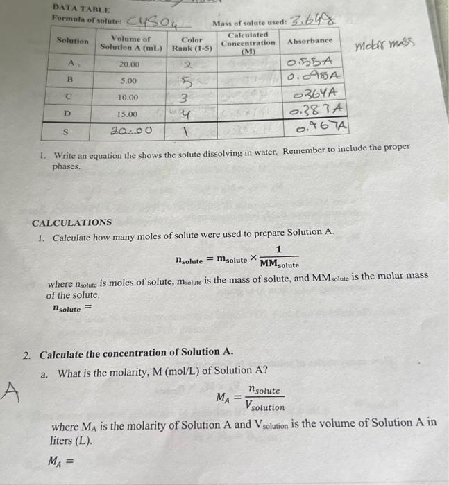 Solved DATA TABLE Formula of solete: CH4O4 Mass of solute | Chegg.com