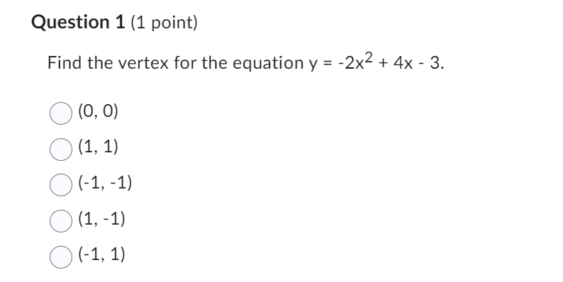 Solved Question 1 (1 ﻿point)Find the vertex for the equation | Chegg.com