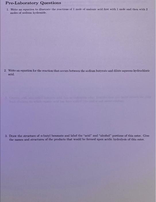 Solved Pre-Laboratory Questions 1. Write an equition to | Chegg.com