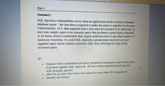 Solved SUBJECT: Security in DatabasesSummarySQL Injection | Chegg.com