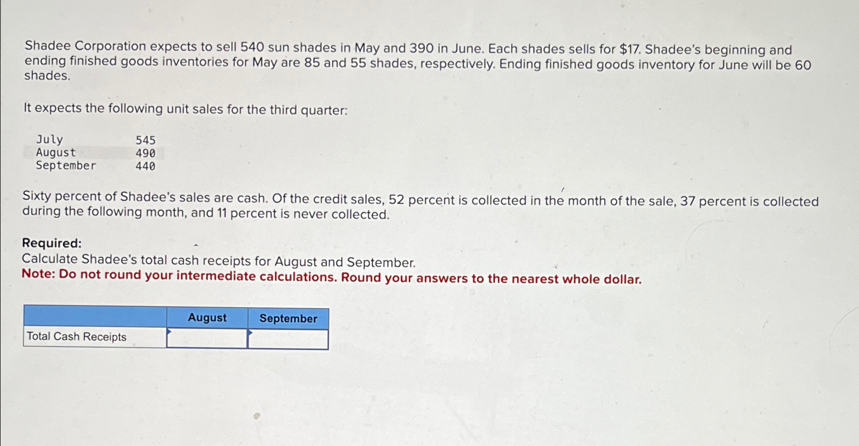 Solved Shadee Corporation expects to sell 540 ﻿sun shades in | Chegg.com