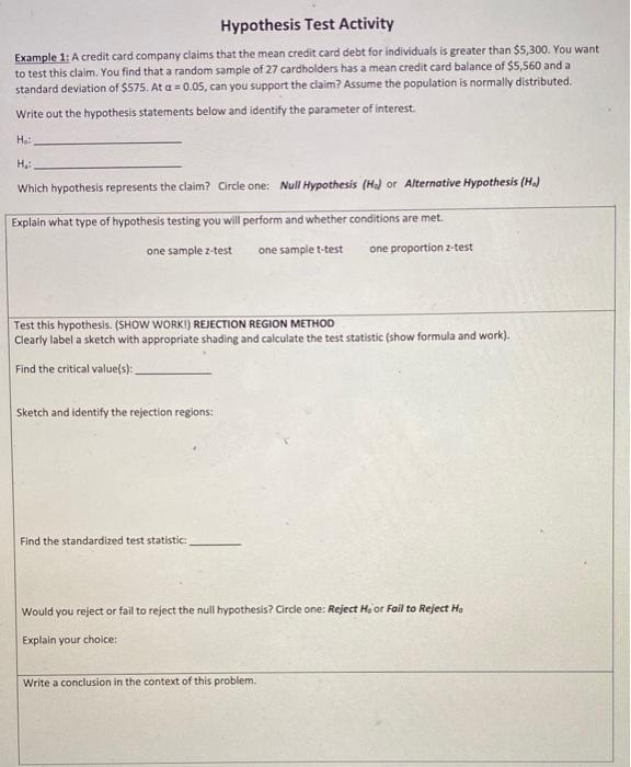 Solved Hypothesis Test Activity Example 1: A credit card | Chegg.com