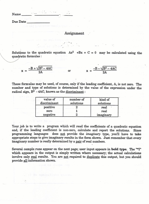 Solved Name__ Due Date Assignment Solutions to the quadratic | Chegg.com