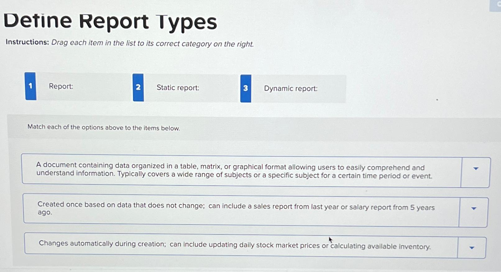 Solved Detine Report TypesInstructions: Drag each item in | Chegg.com