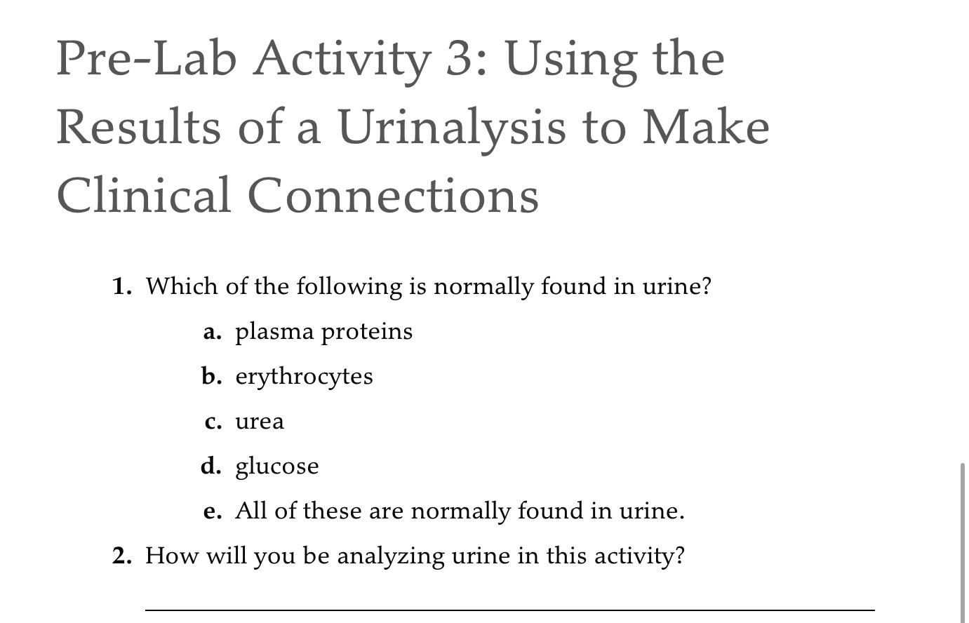 Solved Pre-Lab Activity 3: Using the Results of a Urinalysis | Chegg.com