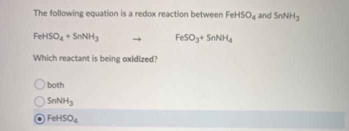 Solved The following equation is a redox reaction between | Chegg.com