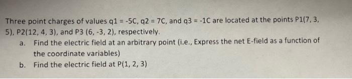 Solved Three point charges of values q1=−5C,q2=7C, and | Chegg.com