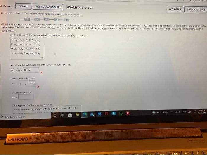 Solved A system consists of five identical components | Chegg.com