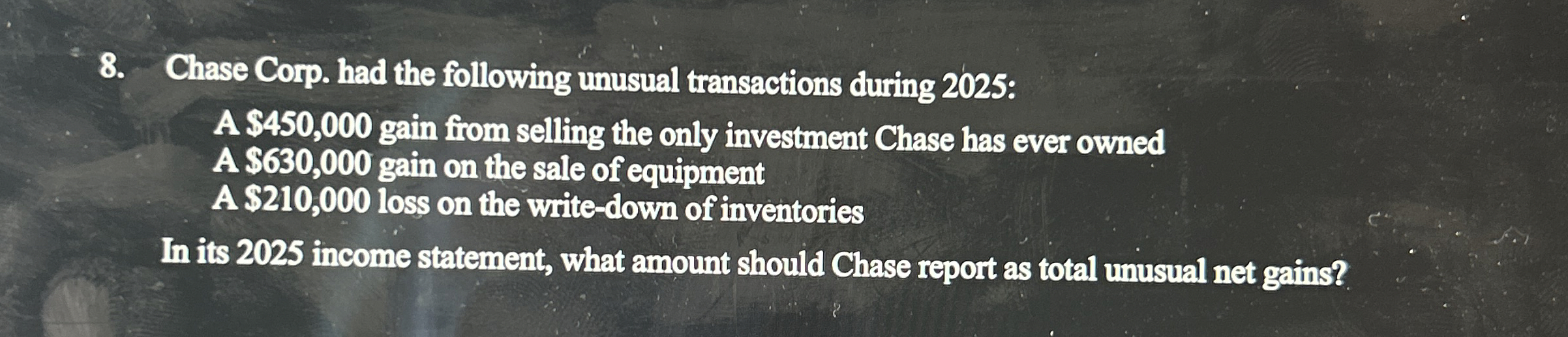 Solved Chase Corp. had the following unusual transactions | Chegg.com
