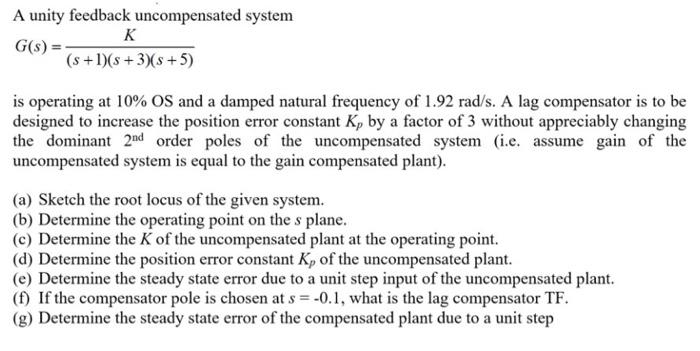 A unity feedback uncompensated system G(S) = K (s | Chegg.com