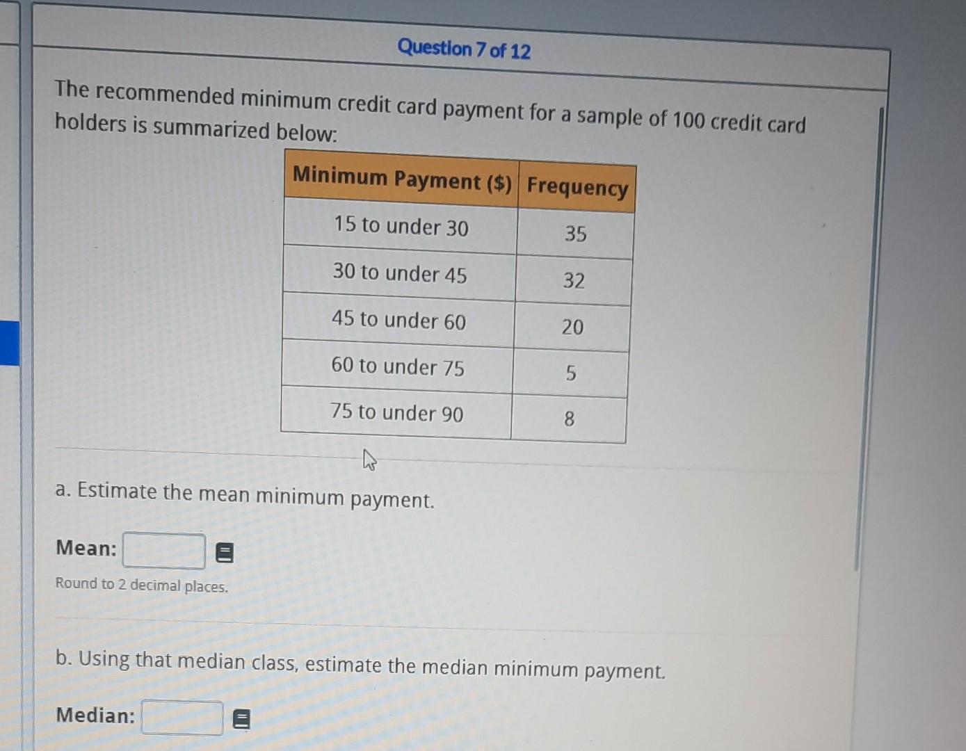 Solved The recommended minimum credit card payment for a | Chegg.com