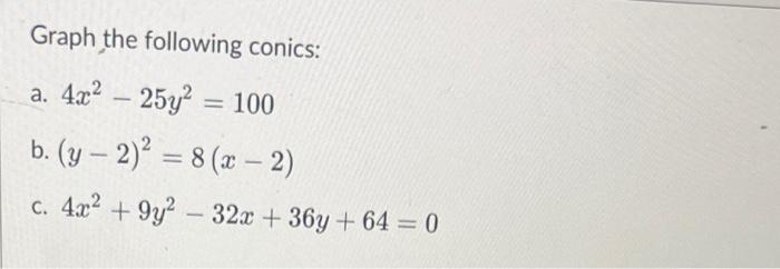 Solved Graph the following conics: a. 4x2−25y2=100 b. | Chegg.com