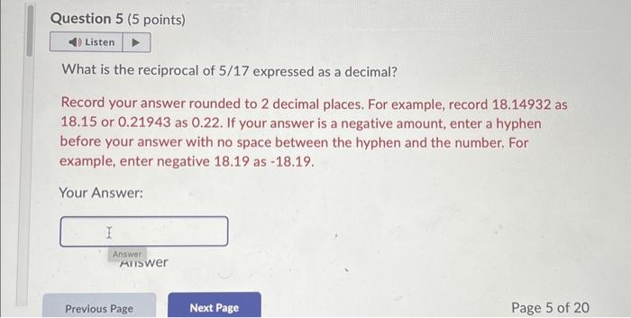 Solved What is the reciprocal of 5/17 expressed as a | Chegg.com