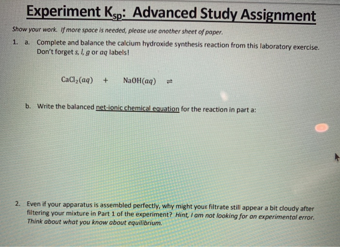 Solved Experiment Ksp: Advanced Study Assignment Show your | Chegg.com