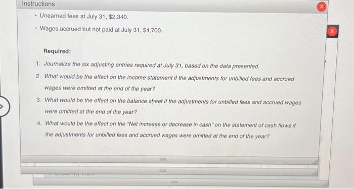 - Unearned fees at July 31,$2,340. - Wages accrued | Chegg.com