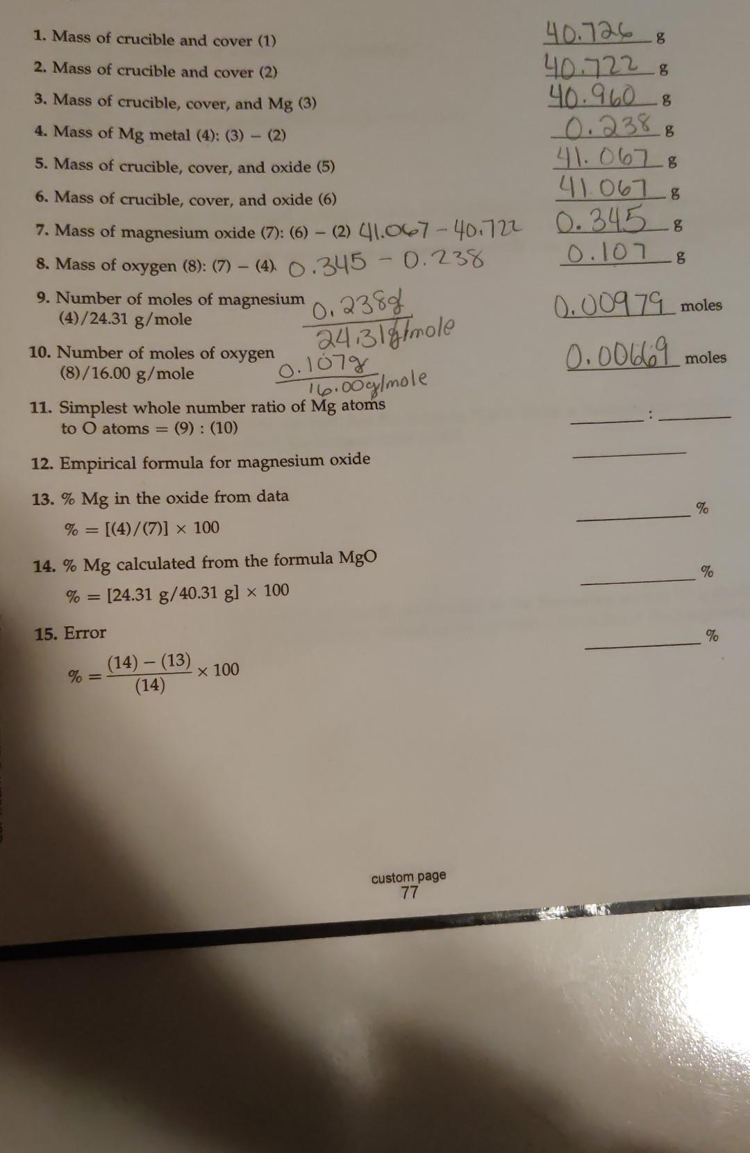Solved 1. Mass of crucible and cover (1) 2. Mass of crucible | Chegg.com