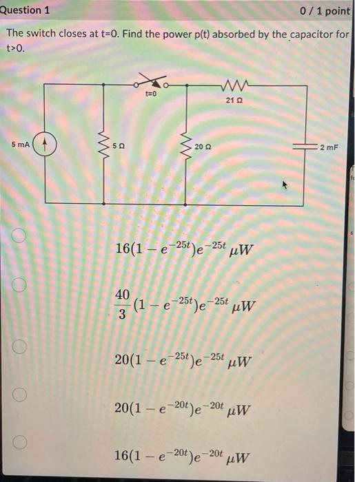 Solved The switch closes at t=0. Find the power p(t) | Chegg.com