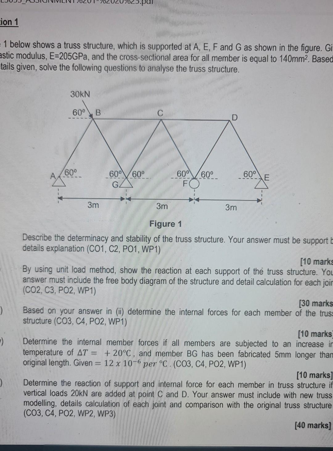 Solved 1 below shows a truss structure, which is supported | Chegg.com