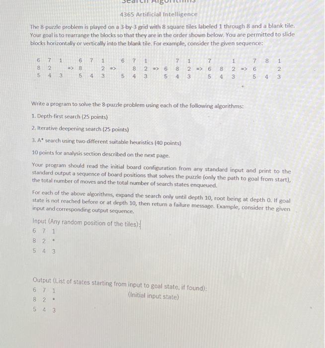 Solved 4365 Artificial Intelligence The 8 -puzzle problem is | Chegg.com