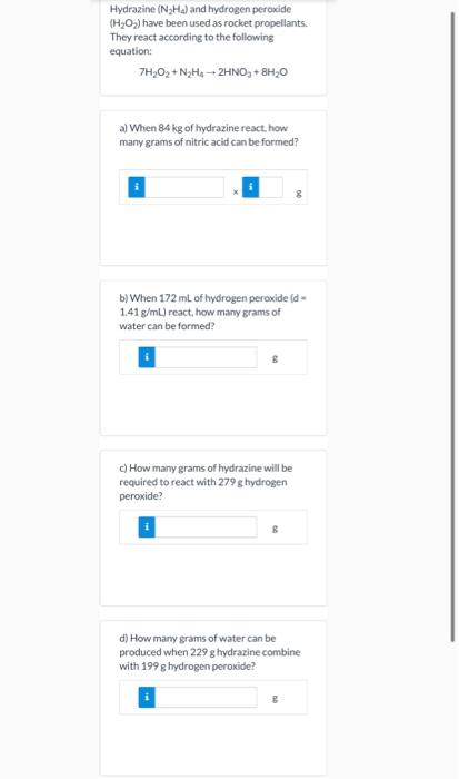 Solved Hydrazine (N2H4) and hydrogen peroxide (H2O2) have | Chegg.com