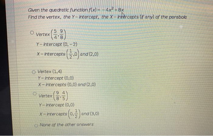 Solved Given the quadratic function f(x) = -4x2 +8X Find the | Chegg.com