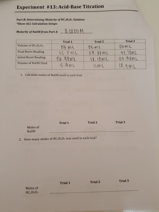 Solved Experiment #13: Acid-Base Titration Part B: | Chegg.com