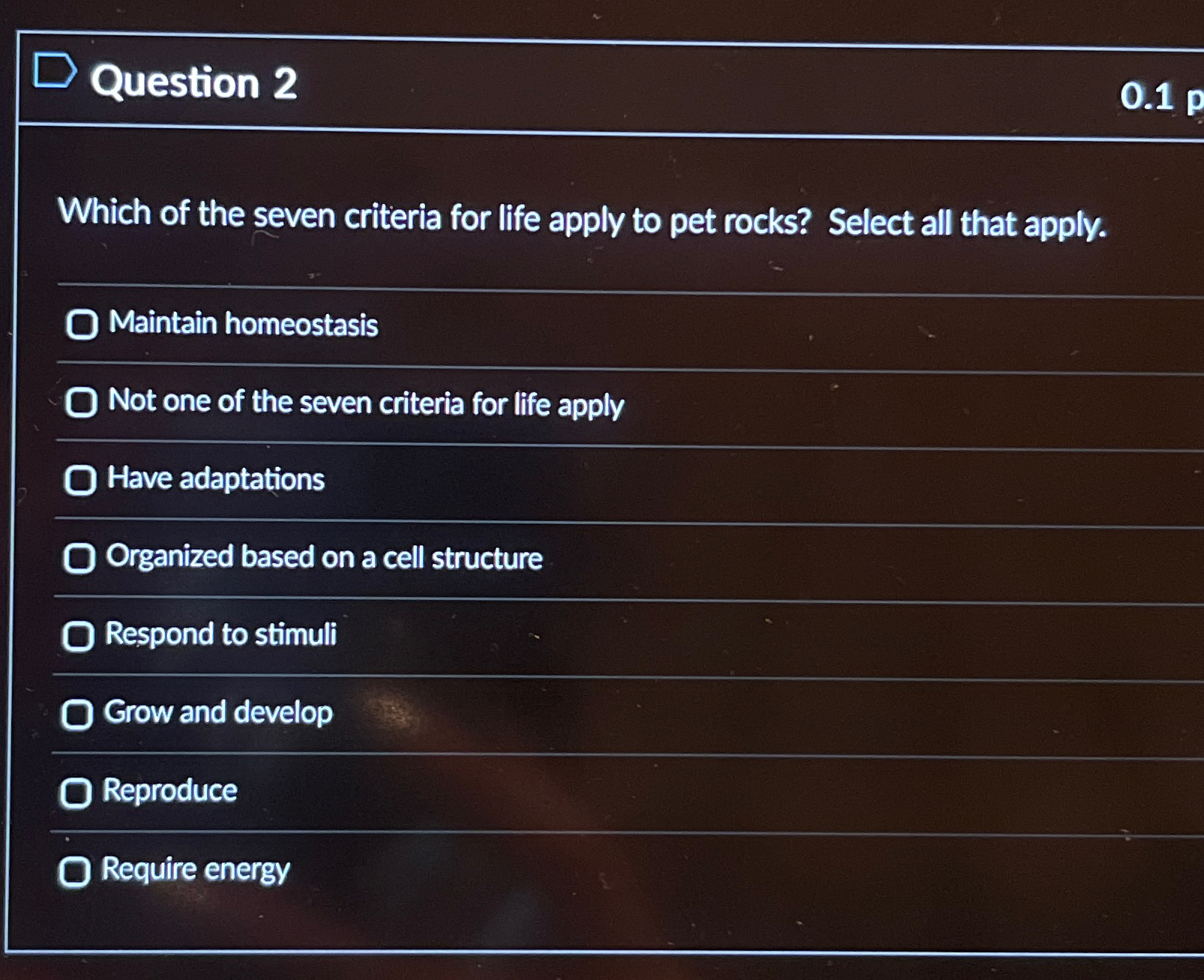 Solved Question 20.1pWhich of the seven criteria for life | Chegg.com