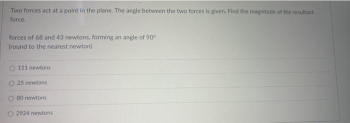 Solved Two forces act at a point in the plane. The angle | Chegg.com