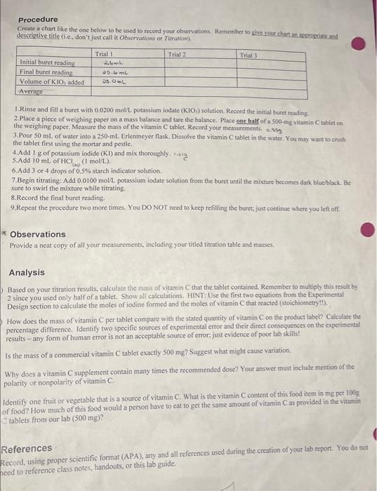 Procedure Create a chart like the one below to be | Chegg.com