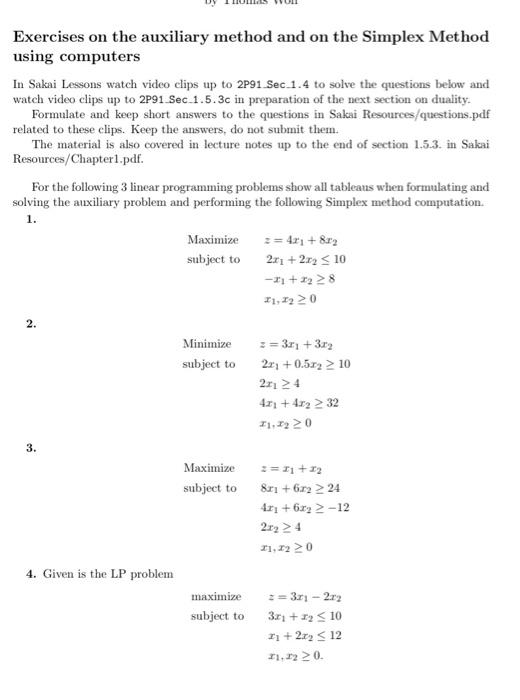 Solved Exercises on the auxiliary method and on the Simplex | Chegg.com