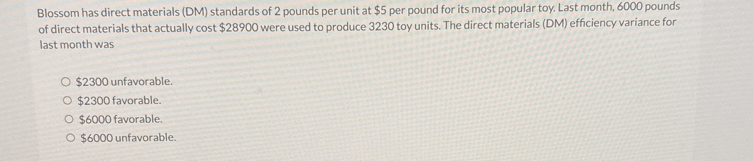 Solved Blossom has direct materials (DM) ﻿standards of 2 | Chegg.com