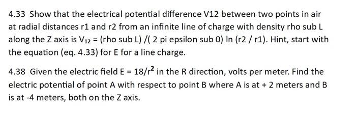 Solved 4.33 Show that the electrical potential difference | Chegg.com