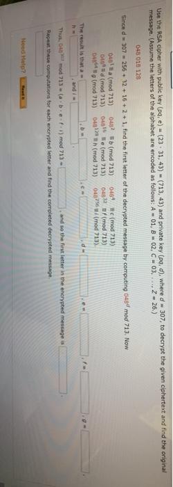 Solved Use the RSA cipher with public key (pq, e) = (23. 31, | Chegg.com