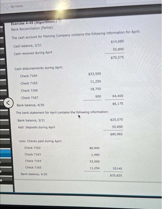 Solved Exercise 4-45 (Algorithmic) Bank Reconciliation | Chegg.com
