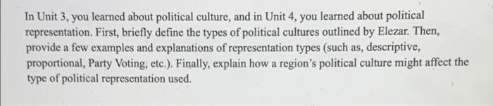 Solved In Unit 3 , you learned about political culture, and | Chegg.com