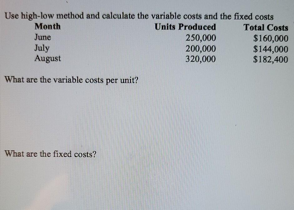 Solved Use high-low method and calculate the variable costs | Chegg.com