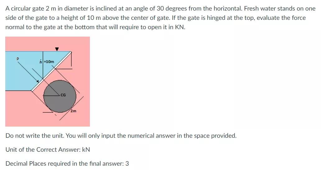 Solved A circular gate 2 m in diameter is inclined at an | Chegg.com
