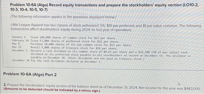Solved Problem 10-6A (Algo) Record equity transactions and | Chegg.com