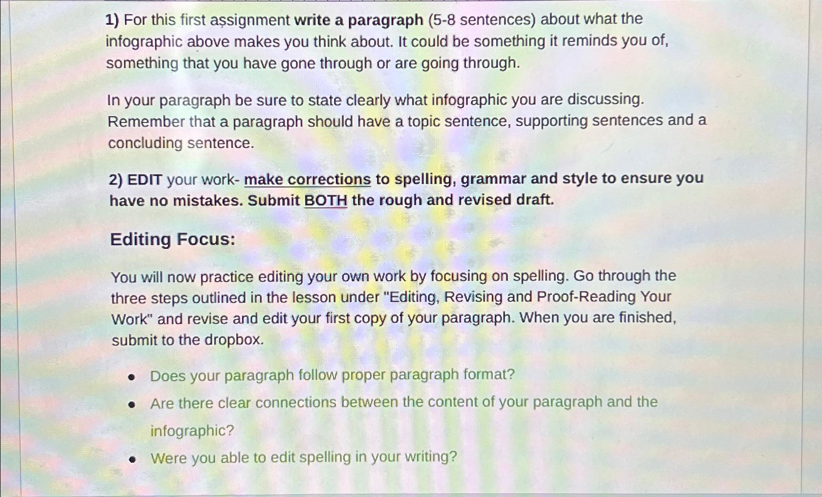 Solved For this first assignment write a paragraph (5-8 | Chegg.com