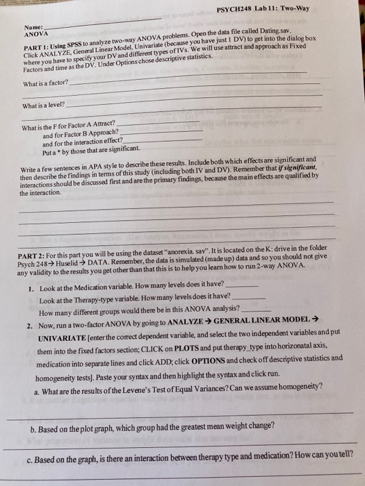 PSYCH248 Lab 11: Two-Way Name: ANOVA PART 1: Using | Chegg.com