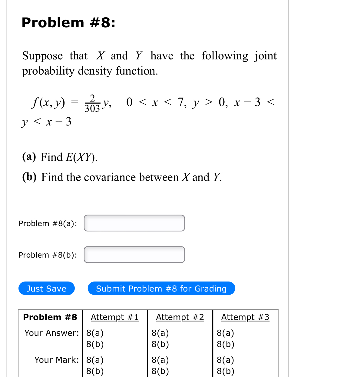 Solved Problem #8:Suppose that x ﻿and Y ﻿have the following | Chegg.com