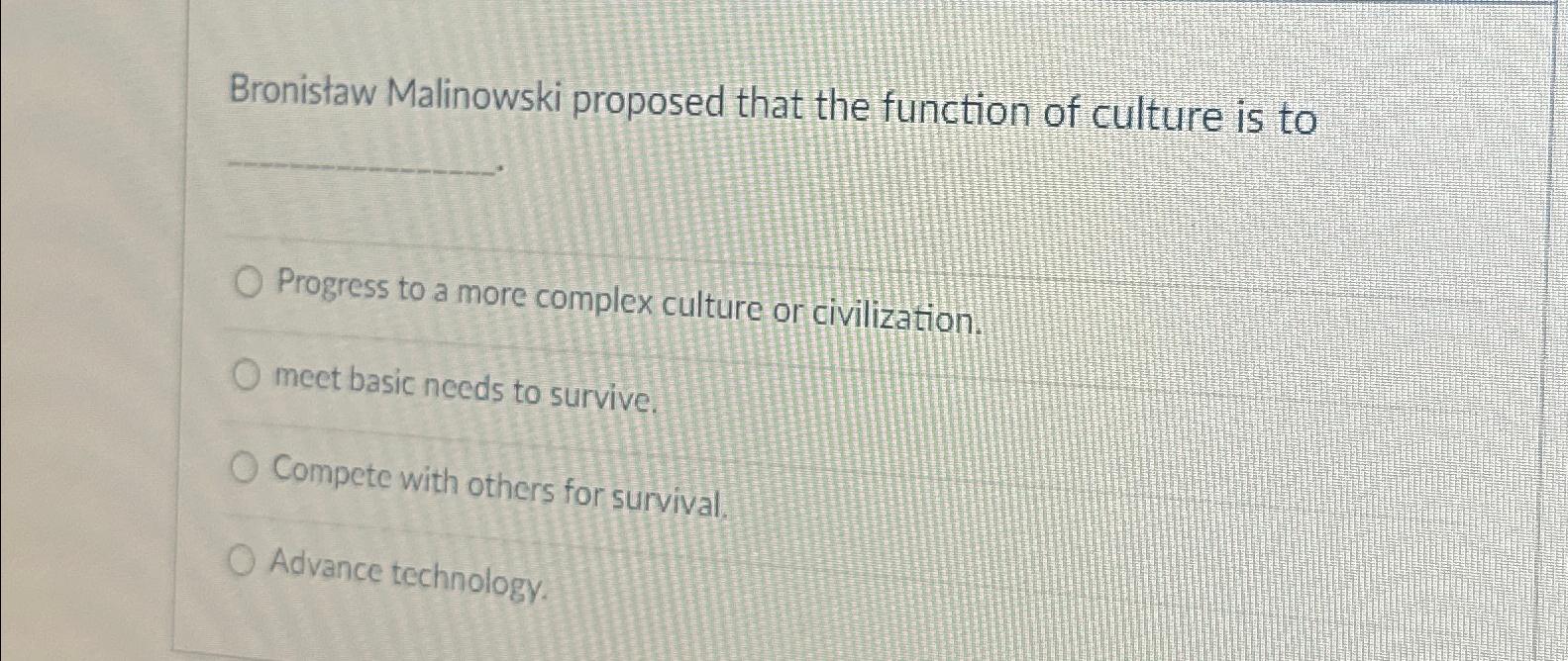 Solved Bronisław Malinowski proposed that the function of | Chegg.com