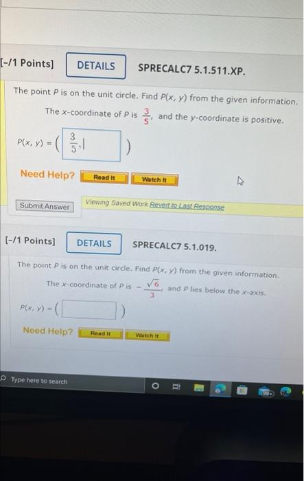 Solved The point P is on the unit circle. Find P(x,y) from | Chegg.com